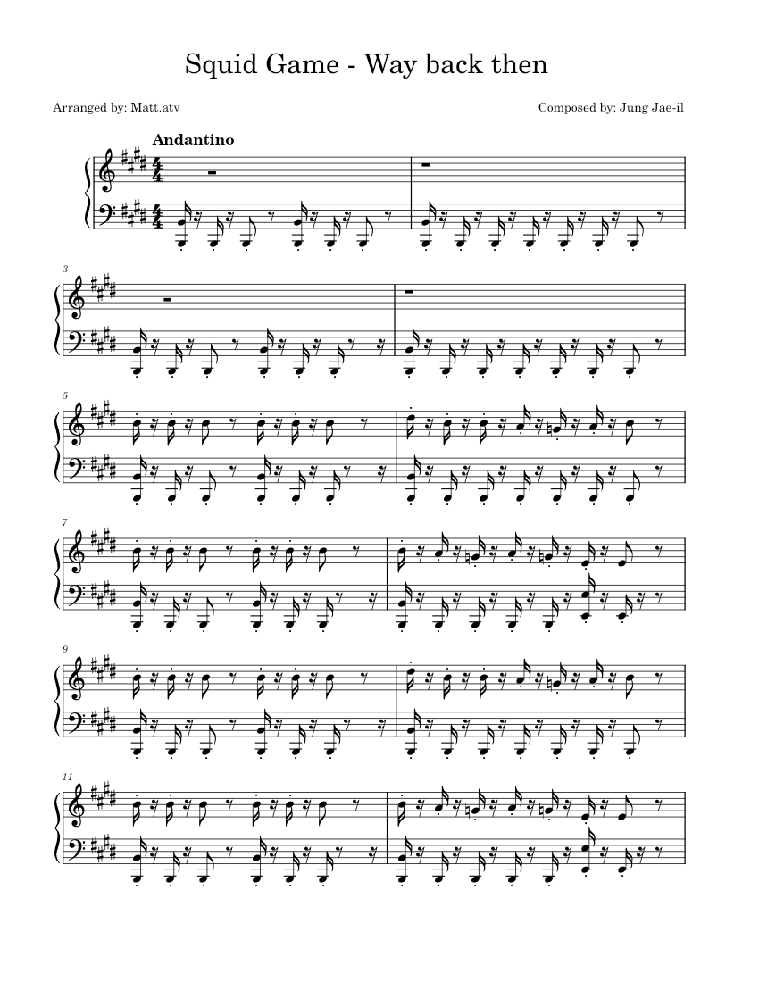 Way Back Then – Jung Jae-il (Squid Game) Sheet Music for Piano (Solo ...