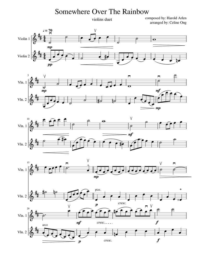 Somewhere Over The Rainbow Sheet Music for Violin (String Duet ...