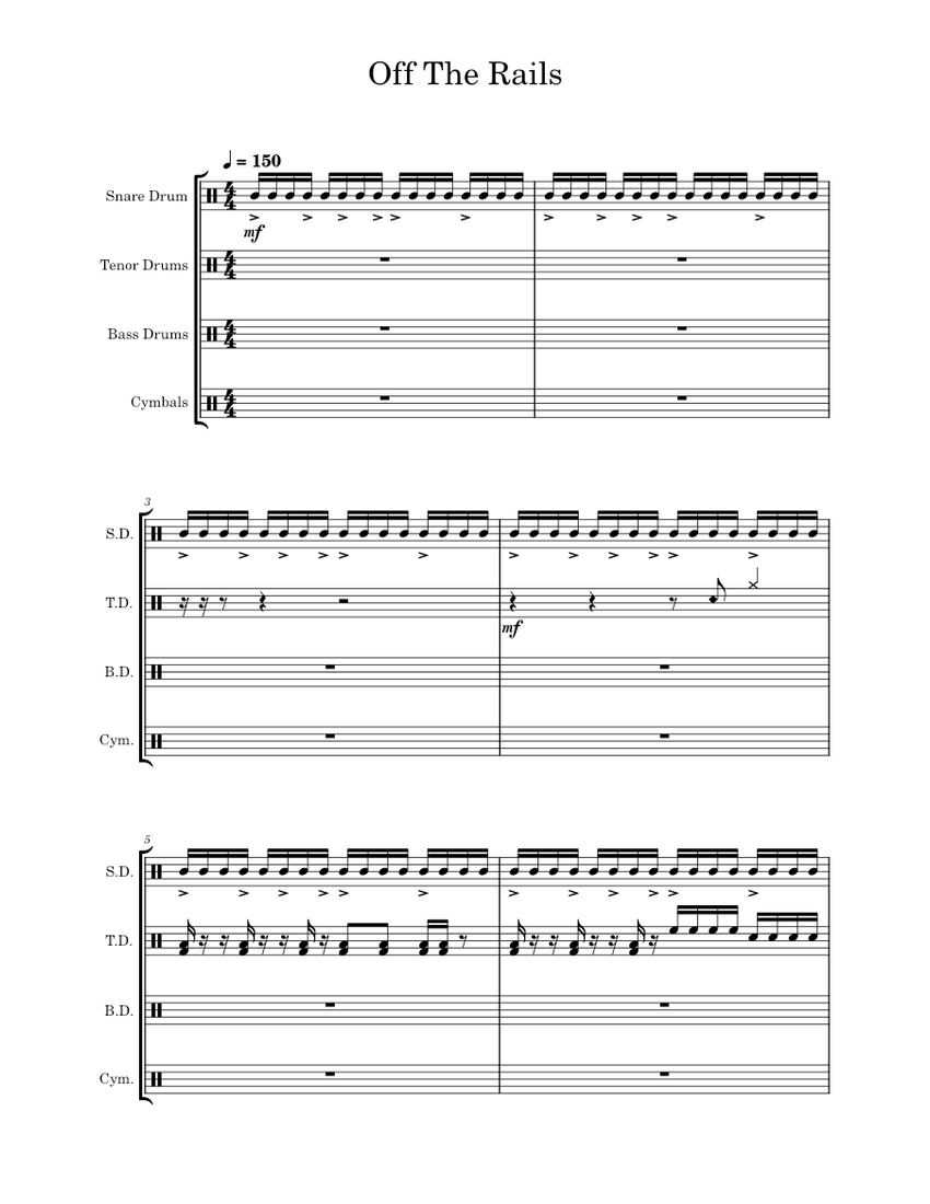 Off The Rails Sheet Music for Snare drum, Crash, Tenor drum, Bass drum ...