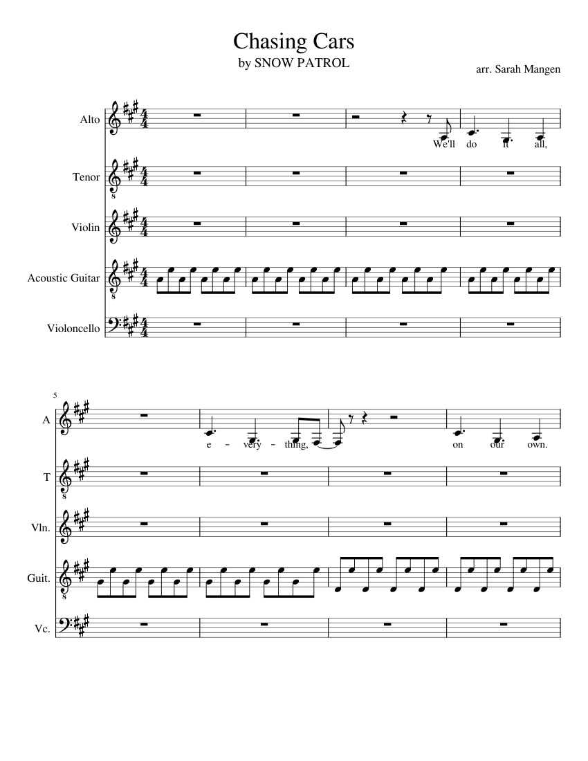 Chasing Cars Sheet music for Piano, Violin, Cello, Guitar (Mixed ...