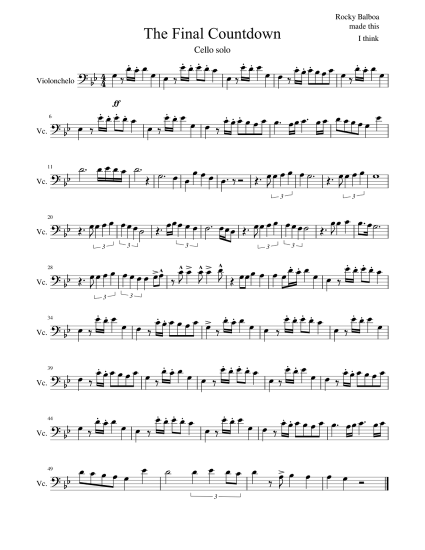 The Final Countdown Sheet Music for Cello (Solo) | MuseScore.com