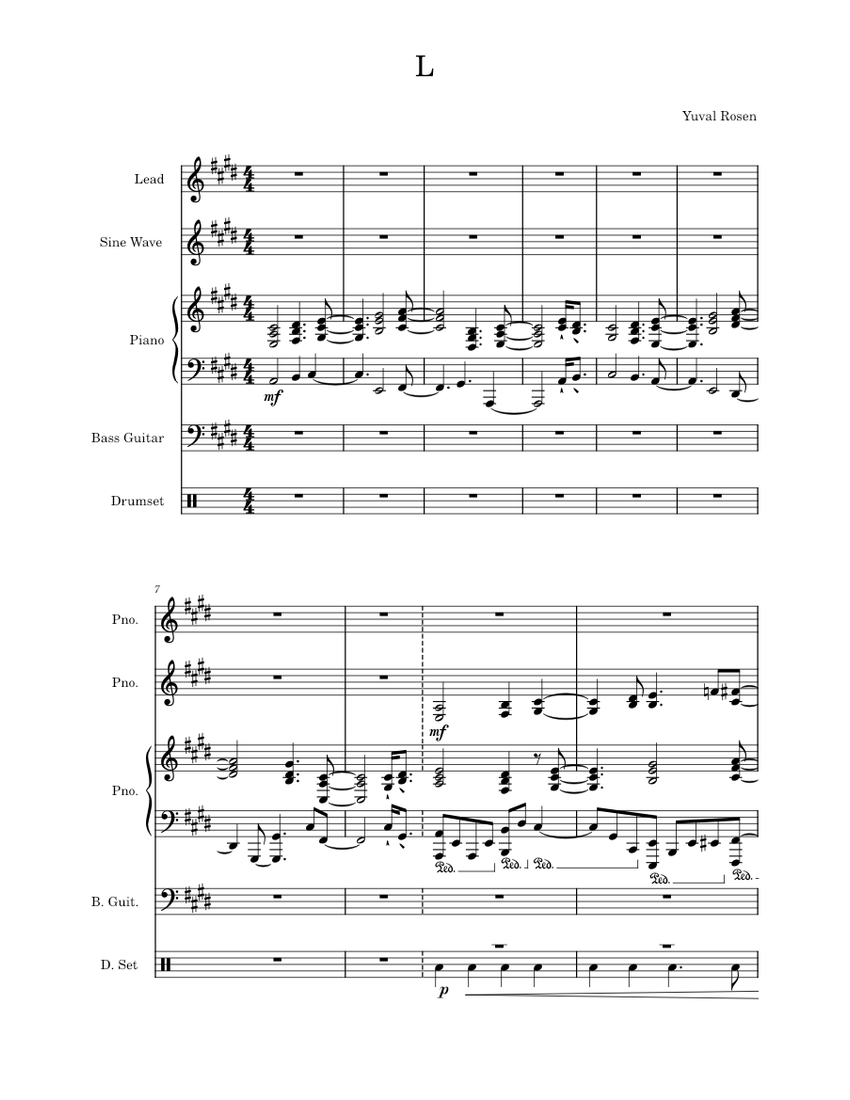 L Sheet music for Piano, Bass guitar, Drum group (Mixed Quintet ...