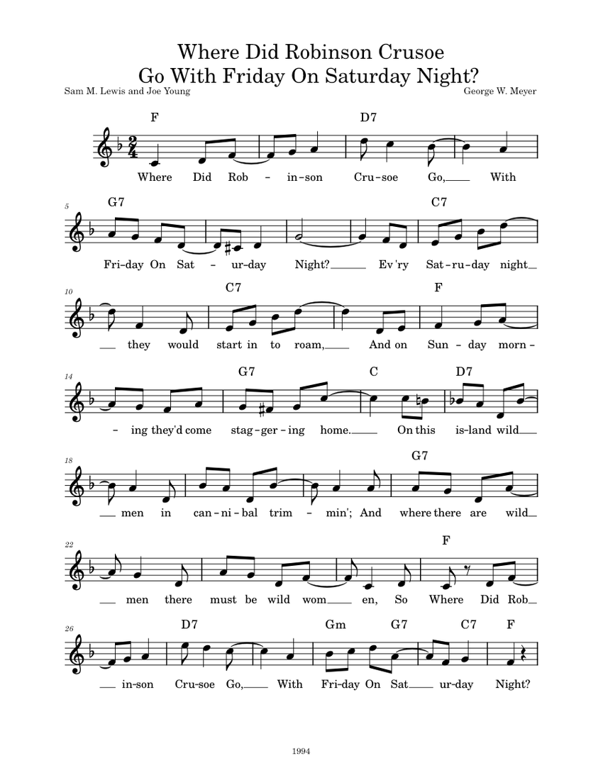 Where Did Robinson Crusoe Go With Friday On Saturday Night Sheet Music ...