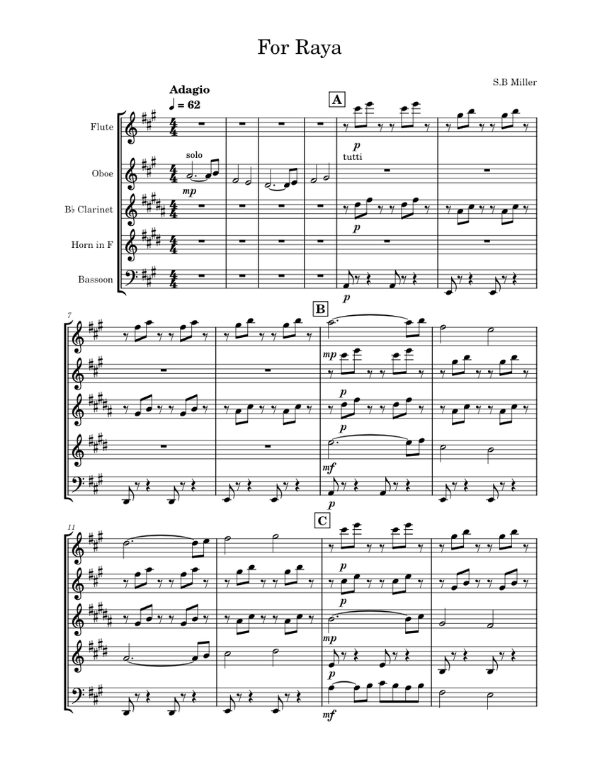 For Raya Sheet music for Flute, Oboe, Clarinet in b-flat, Bassoon ...