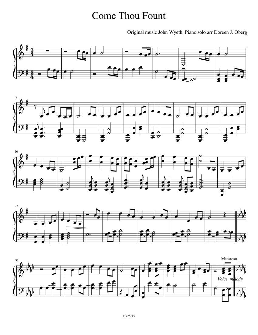 Come Thou Fount – arr piano solo Doreen J. Oberg original tune Robert ...