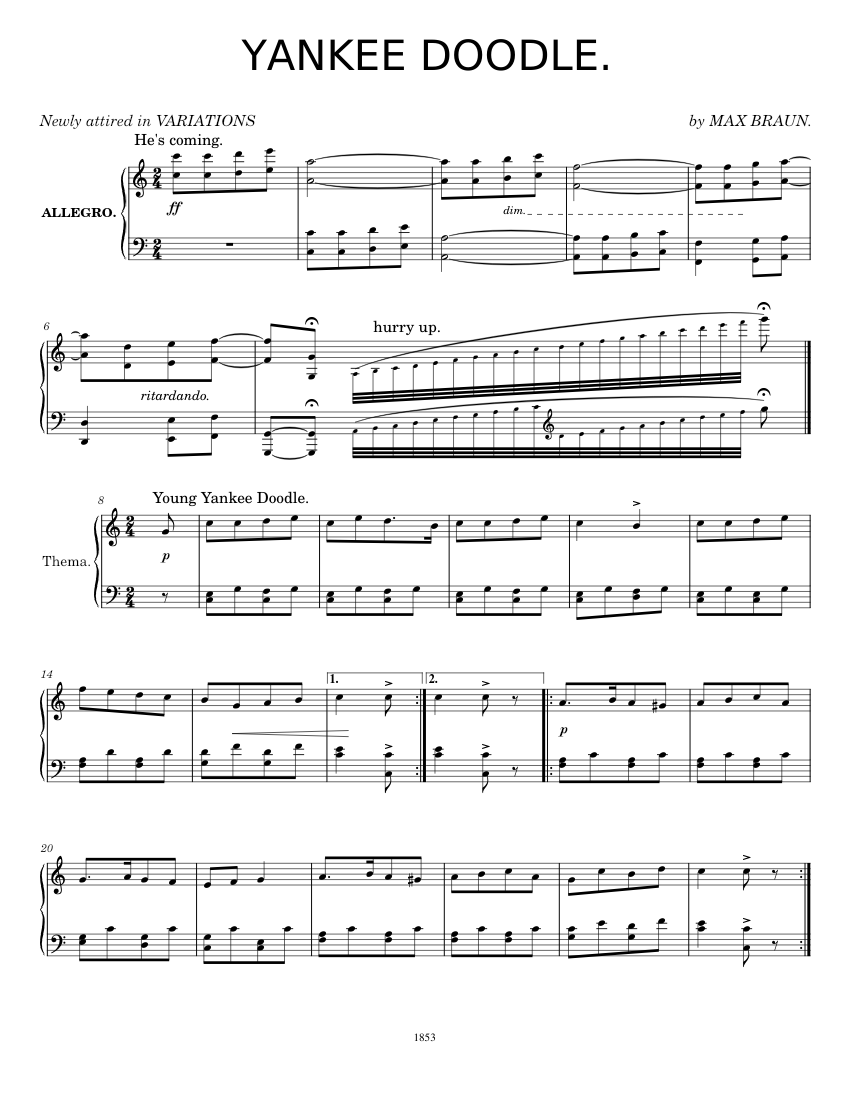 Yankee Doodle Variations (1853) Sheet Music for Piano (Solo ...