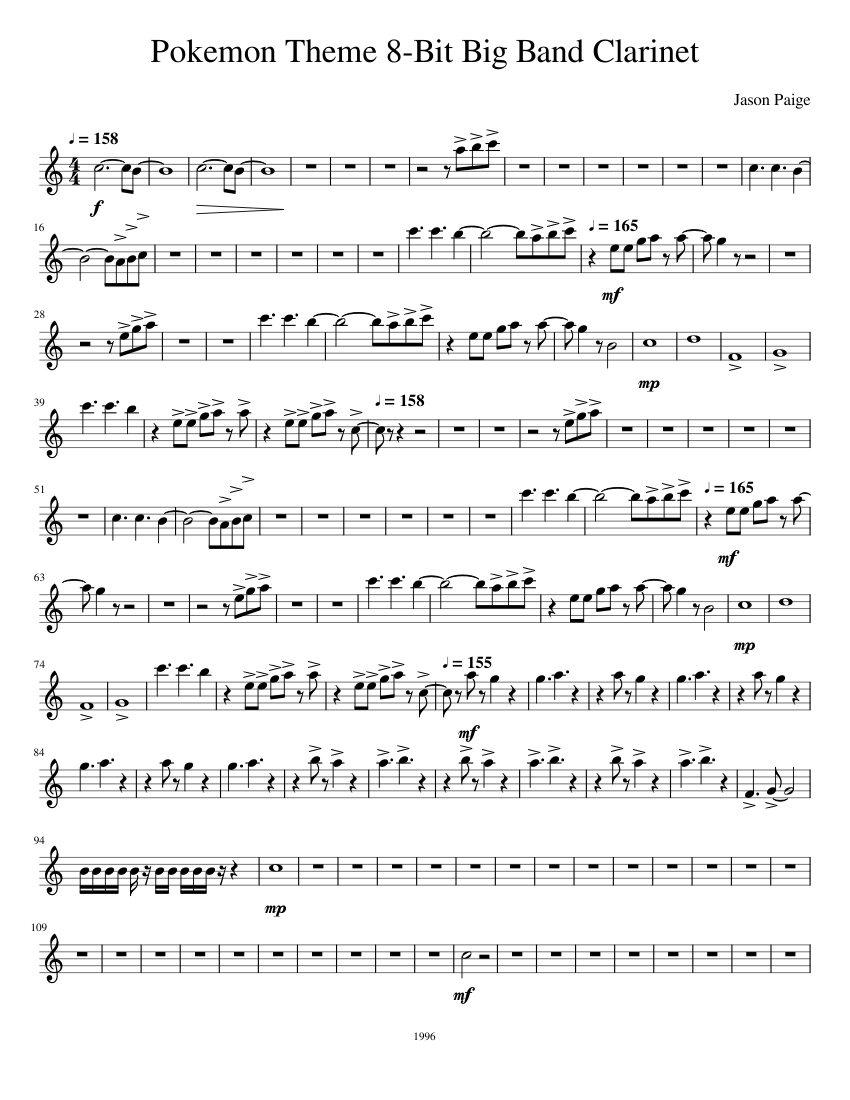Pokemon Theme 8-Bit Big Band Clarinet Sheet Music for Clarinet in b ...