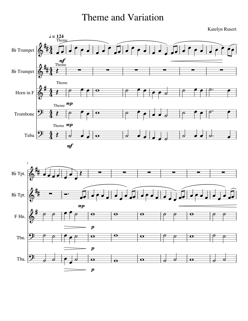 Theme and Variations Sheet music for Trombone, Tuba, Trumpet in b-flat ...
