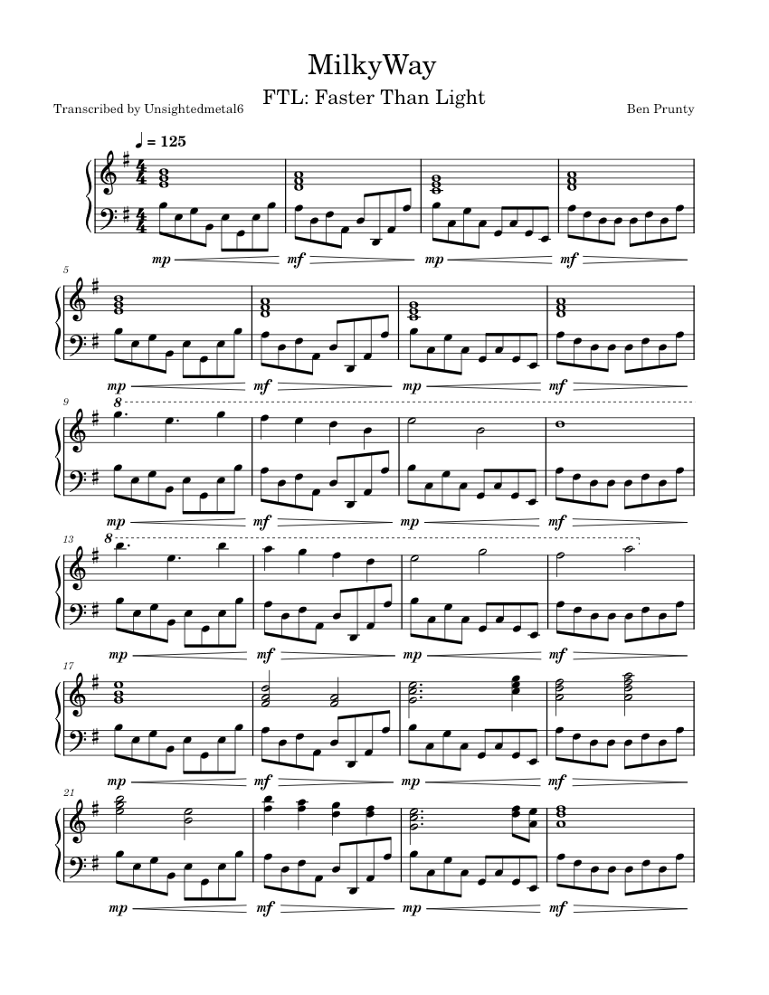 FTL Faster Than Light - MilkyWay Sheet Music for Piano (Solo ...