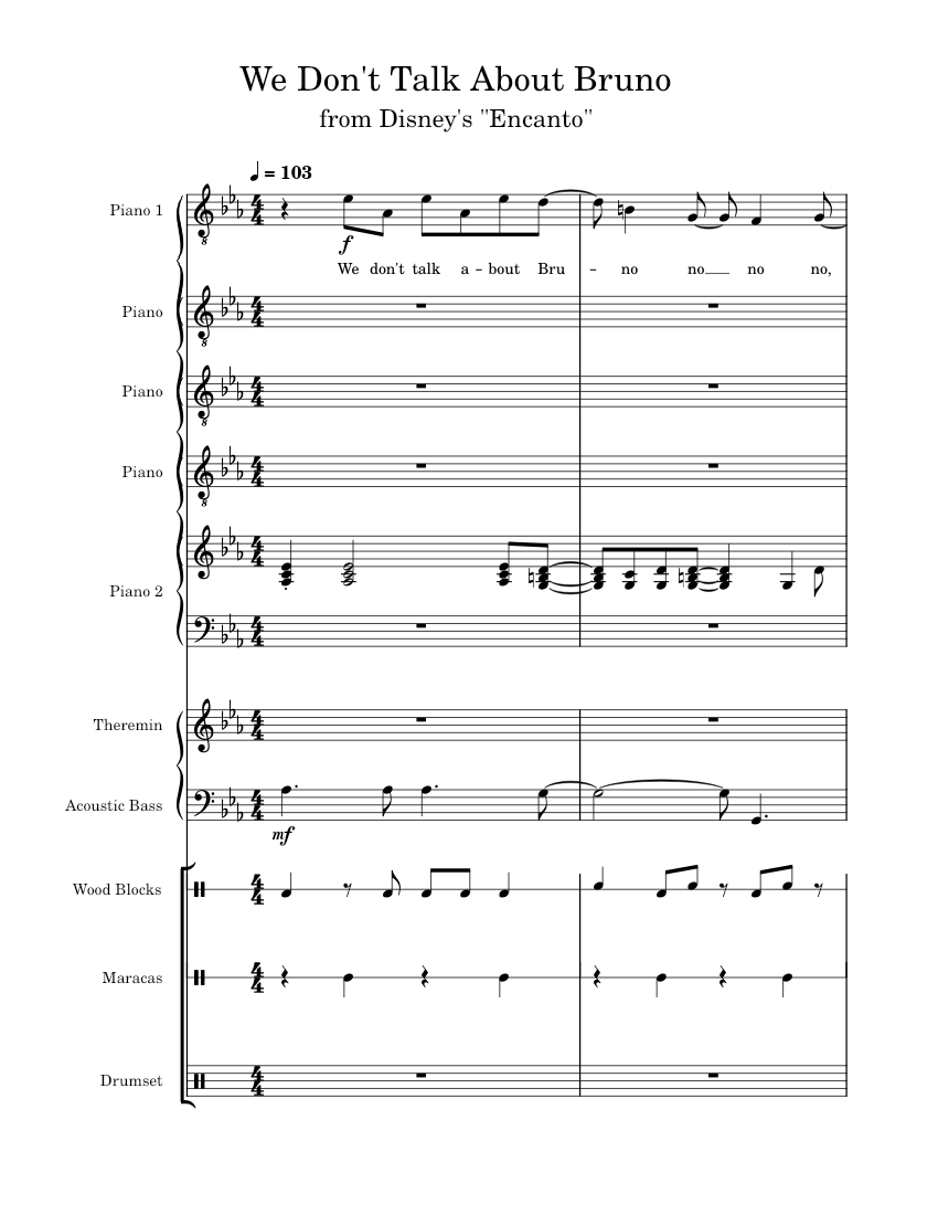 We Don't Talk About Bruno Sheet music for Piano, Bass guitar, Drum ...