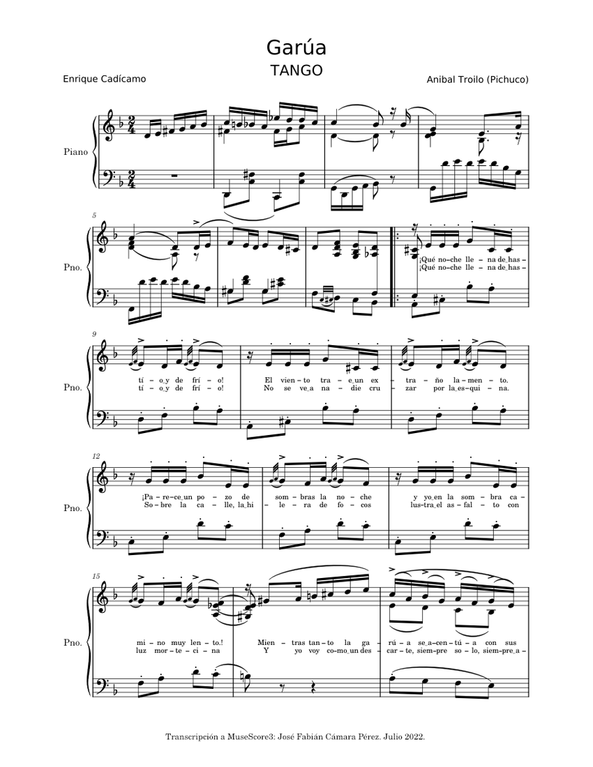 Garúa – Enrique Cadícamo y Aníbal Troilo Sheet music for Piano, Vocals ...