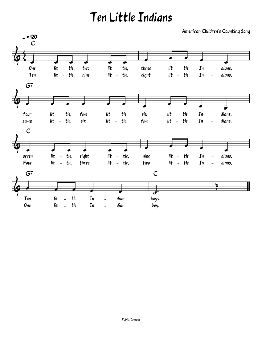 Ten Little Indians (Lead sheet with lyrics ) Sheet Music with Chords ...