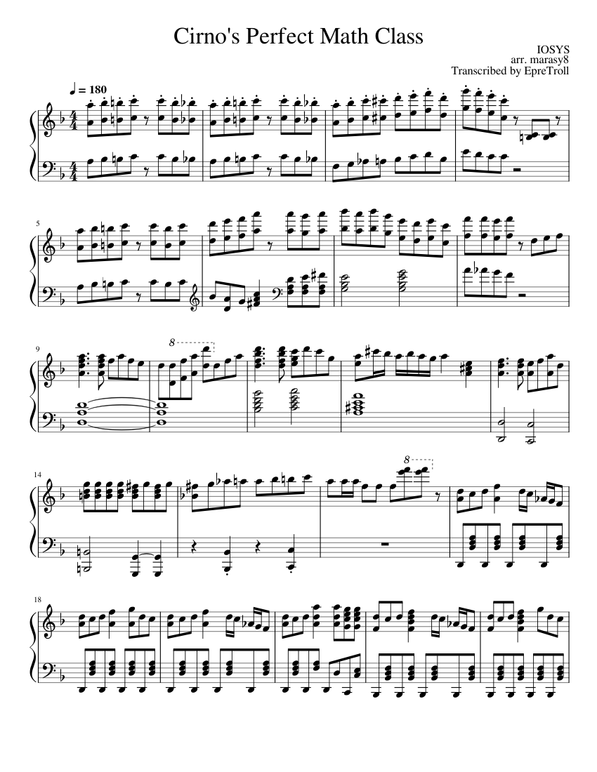 Cirno's Perfect Math Class - IOSYS Sheet Music for Piano (Solo ...