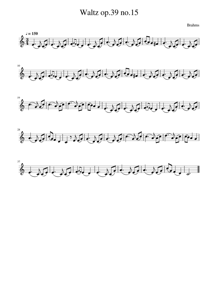 Brahms - Waltz op.39 no.15 Sheet Music for Piano (Solo) Easy ...