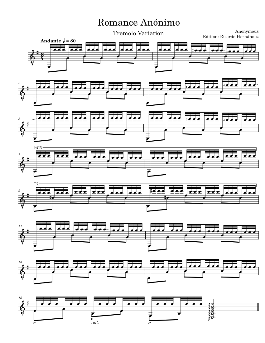 Romance Anónimo (tremolo variation) - Anonymous Sheet music for Guitar ...