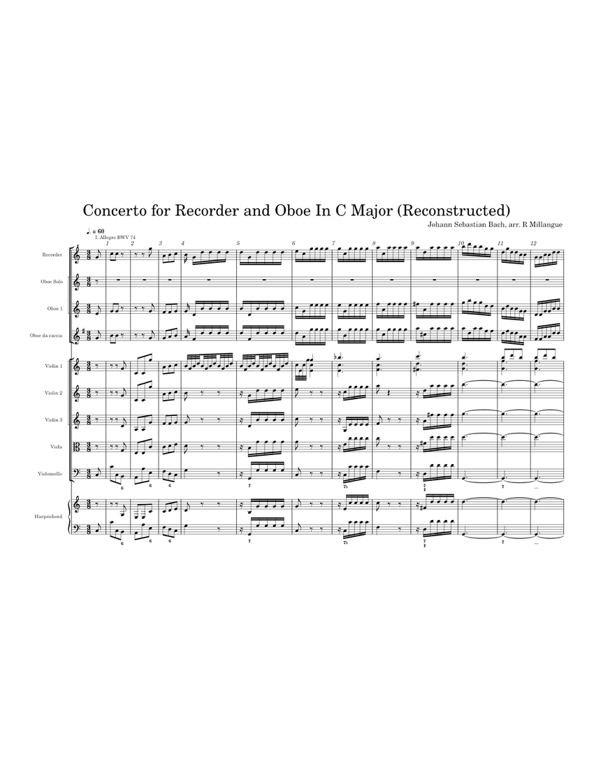 Bach Reconstructed: Concerto for Recorder and Oboe In C Major Sheet ...