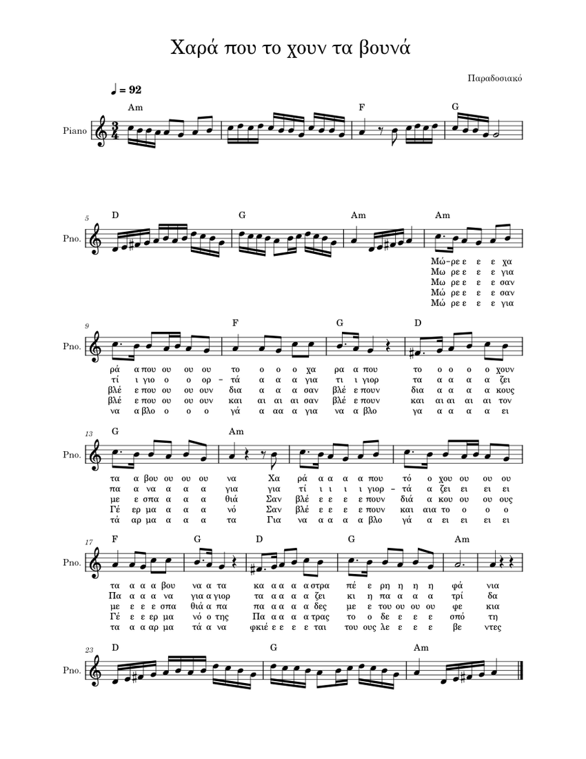 Χαρά που το χουν τα βουνά Sheet music for Piano (Men’s Choir ...
