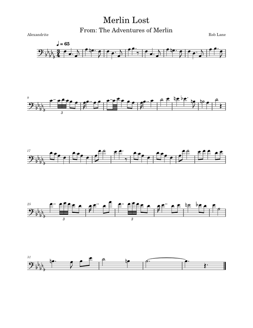 Merlin Lost – Rob Lane (The Adventures of Merlin) Sheet Music for Cello ...