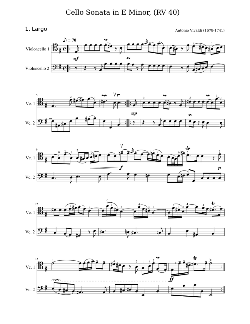 Sonata per violoncello e basso continuo n. 5 RV 40 - 1. Largo – Antonio Vivaldi Sheet Music for ...