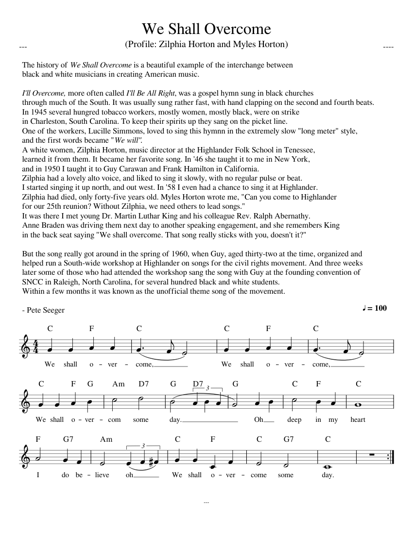 We Shall Overcome Sheet Music with Chords for Piano, Vocals (Piano ...