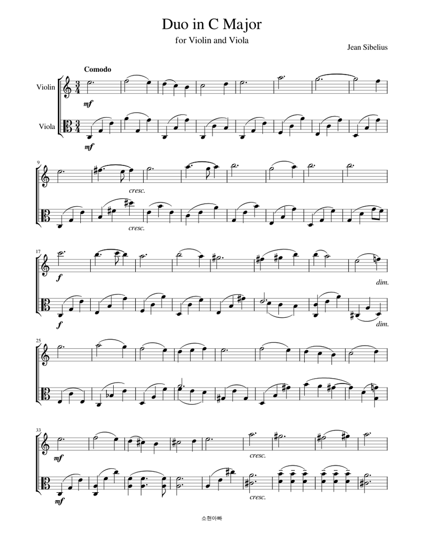 Duo in C Major - Jean Sibelius Sheet Music for Violin, Viola (String Duet) | MuseScore.com