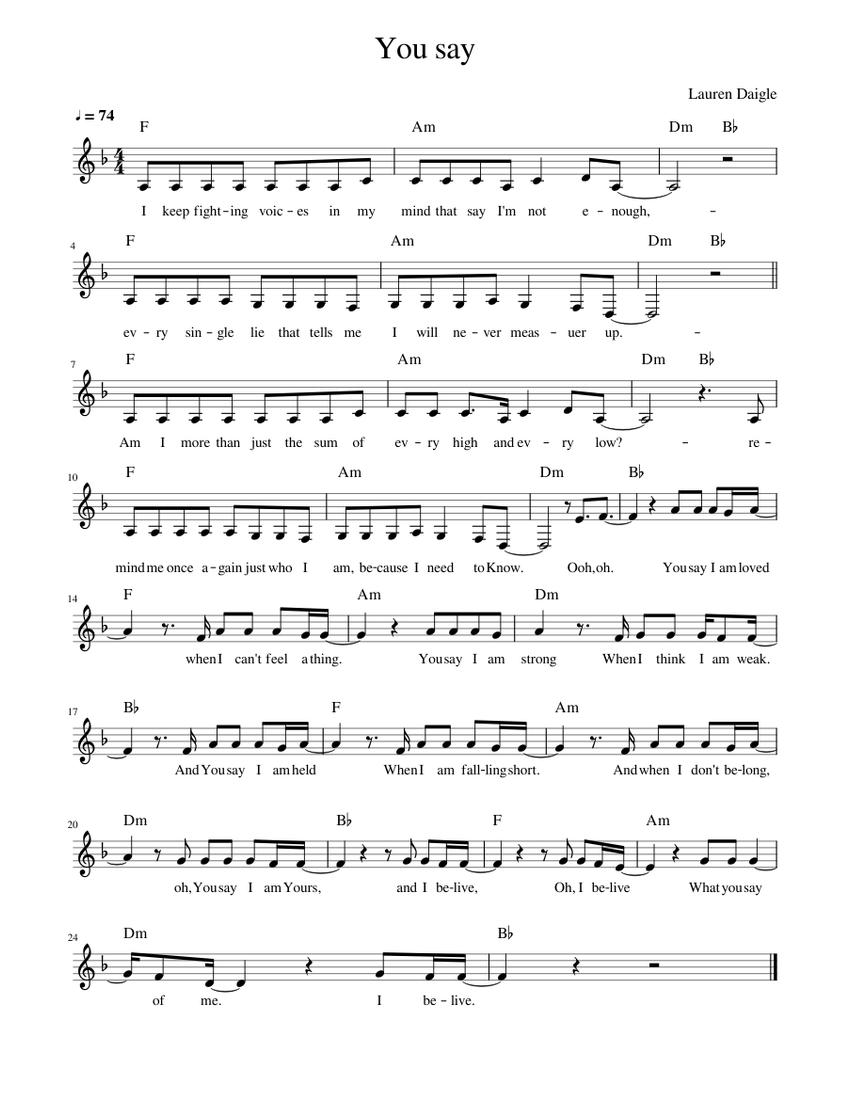 You say - Lauren Daigle Sheet Music with Chords for Piano (Piano-Voice ...
