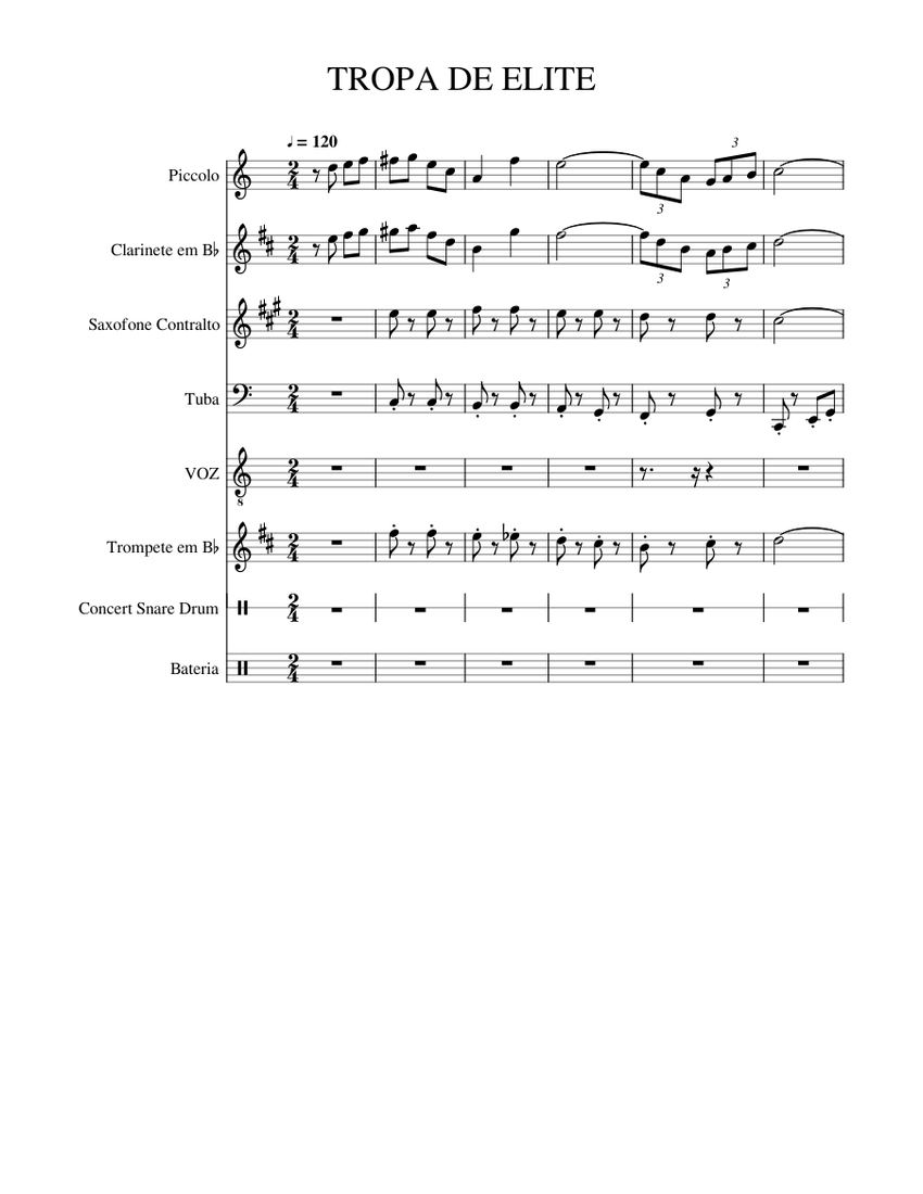 TROPA DE ELITE Sheet Music for Tenor, Tuba, Flute piccolo, Clarinet in ...