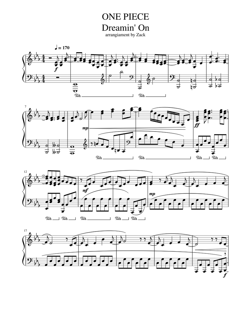 one piece: opening 23 (dreamin' on) Sheet Music for Piano (Solo ...