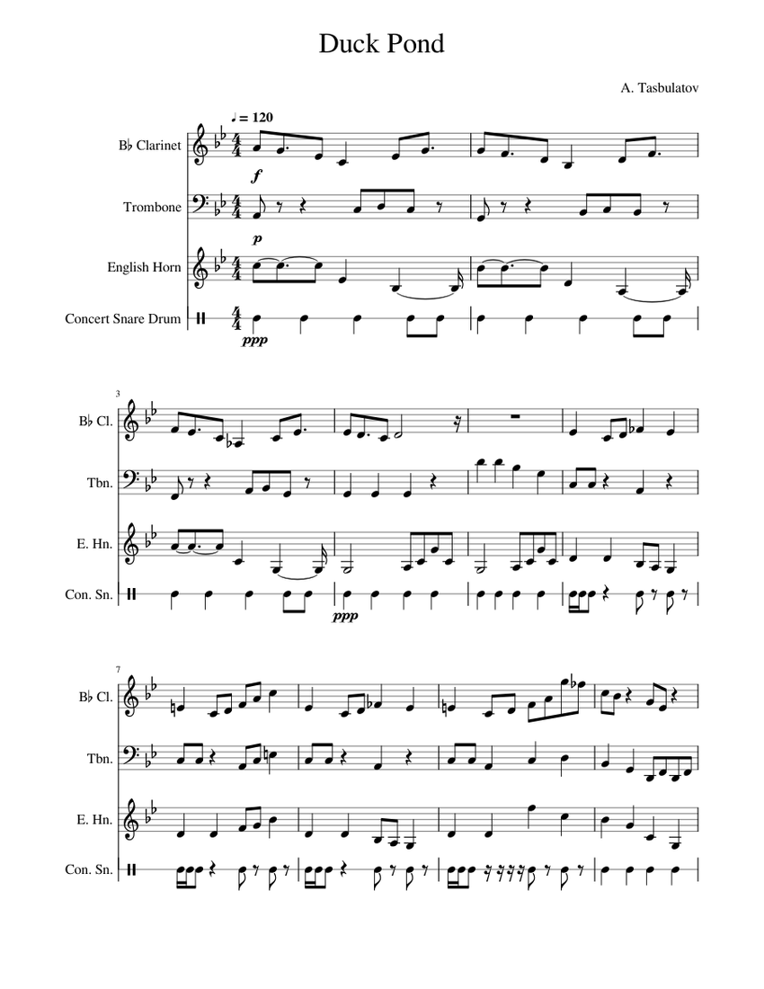 Duck_Pond Sheet music for Trombone, Oboe, Clarinet in b-flat, Snare ...