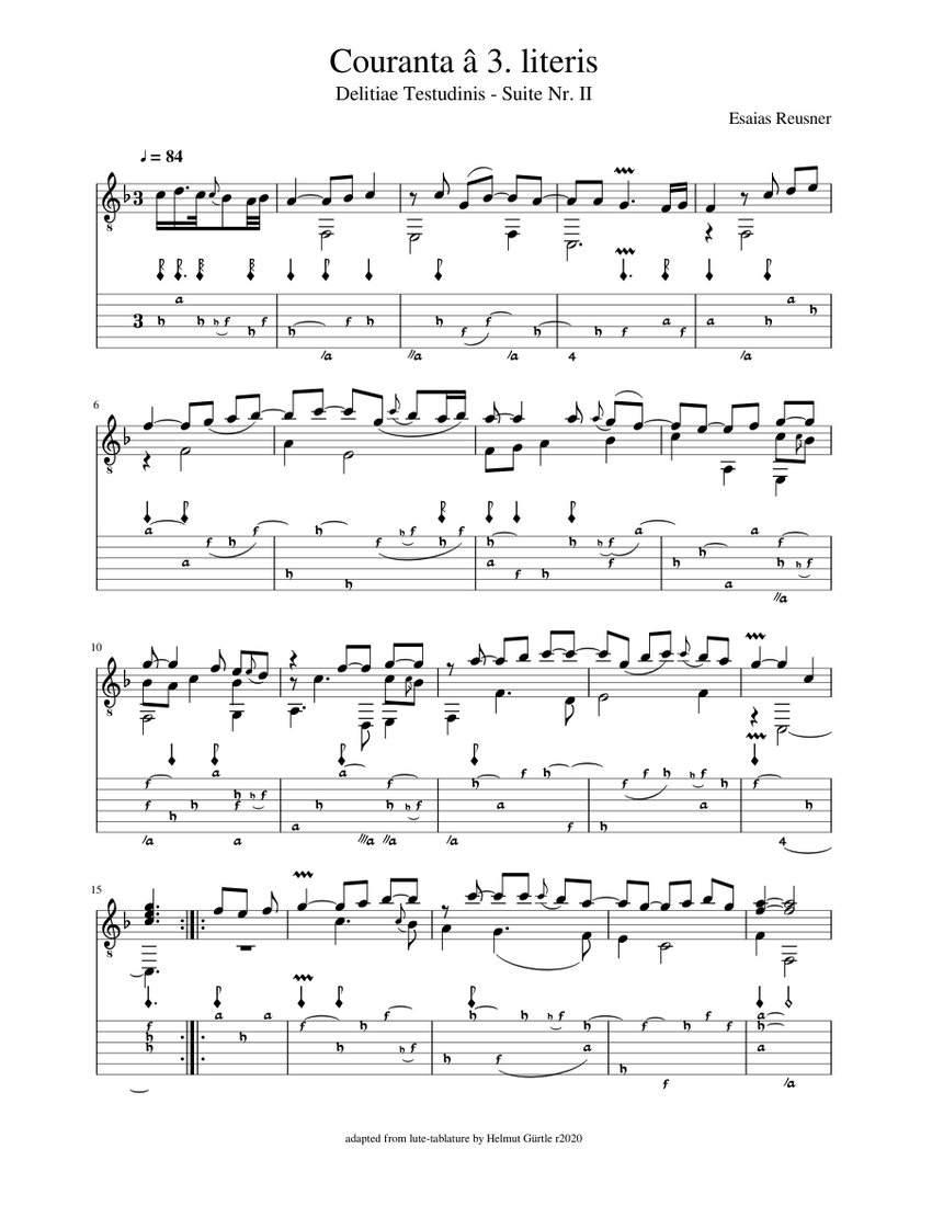 Esaias Reusner Couranta â 3 literis Suite II F-Dur Sheet music for Lute ...