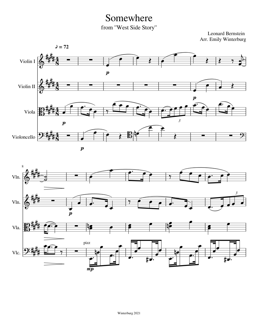 Somewhere – Leonard Bernstein Sheet Music for Violin, Viola, Cello ...