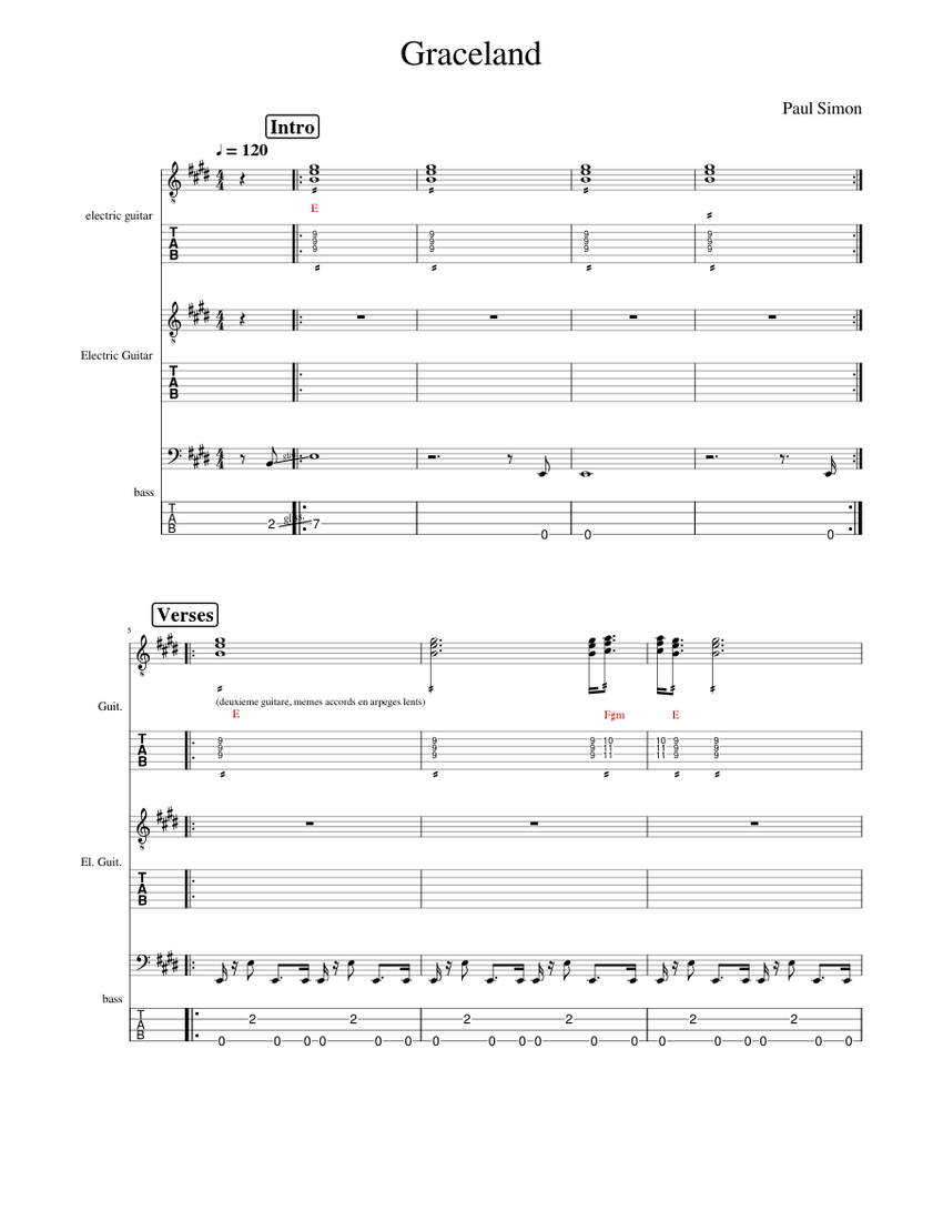 Graceland Sheet Music and Tab with Chords for Guitar, Bass guitar ...
