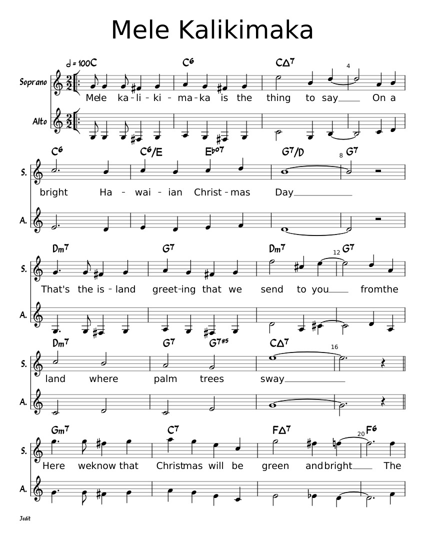 Mele Kalikimaka in C Sheet Music with Chords for Soprano, Alto (A ...