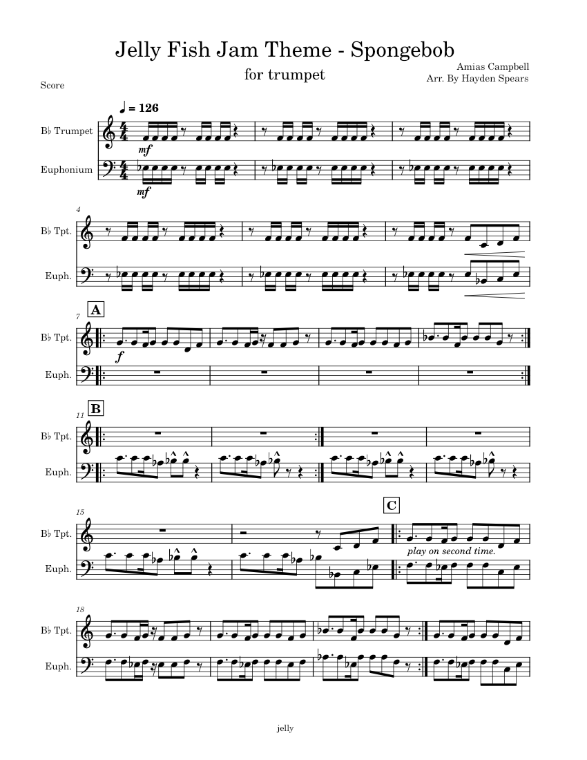 Jelly Fish Jam Theme Spongebob Sheet music for Euphonium, Trumpet in b ...