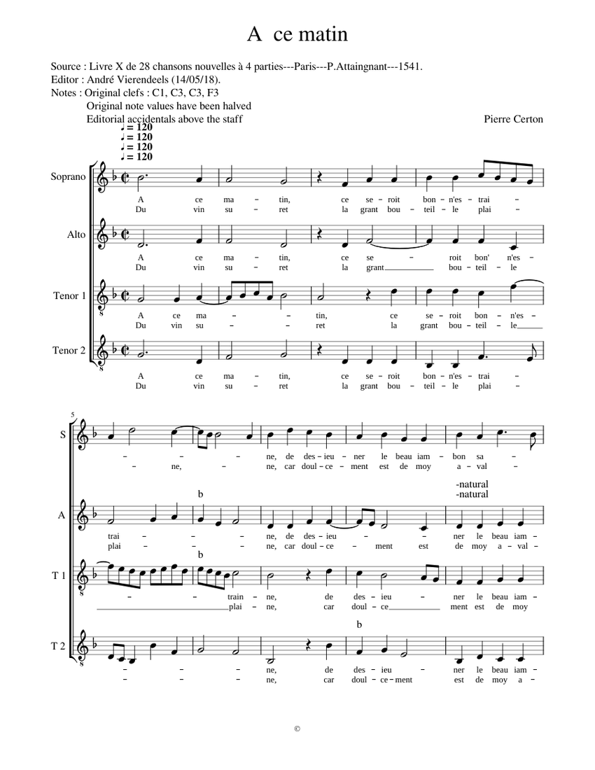 A ce matin - Pierre Certon Sheet Music for Piano, Soprano, Alto (Mixed ...