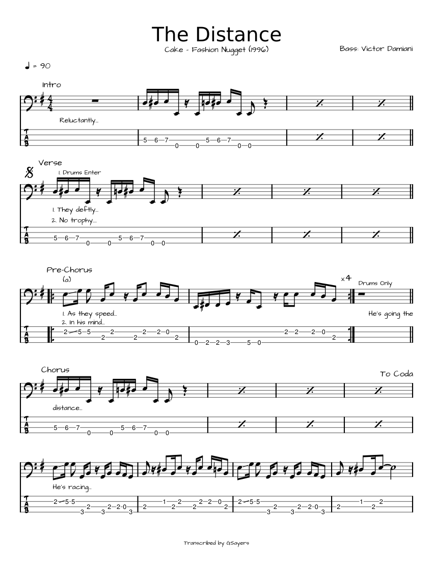 Cake - The Distance - Bass Sheet music for Bass guitar (Solo ...