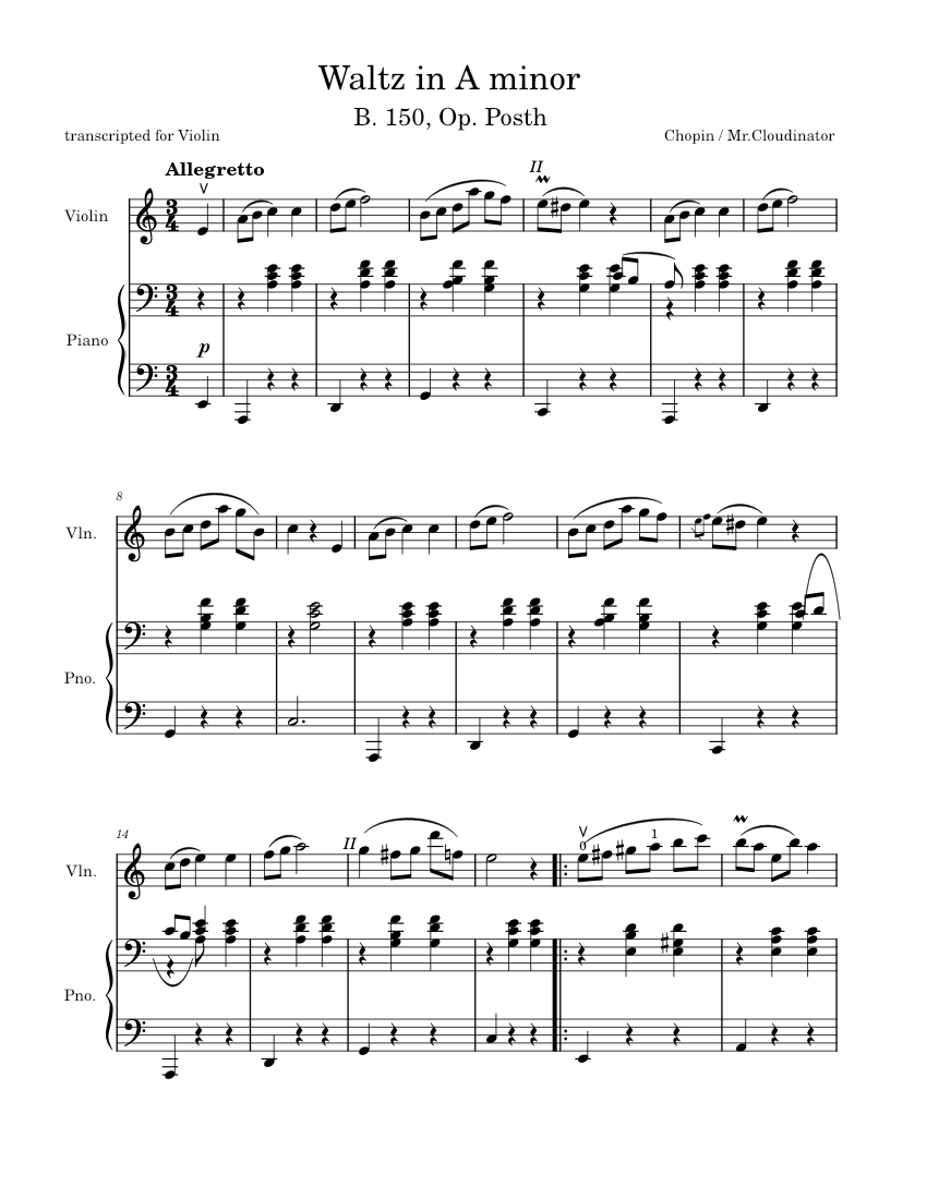 Waltz in A minor, B.150 (Violin transcription) Sheet music for Piano ...