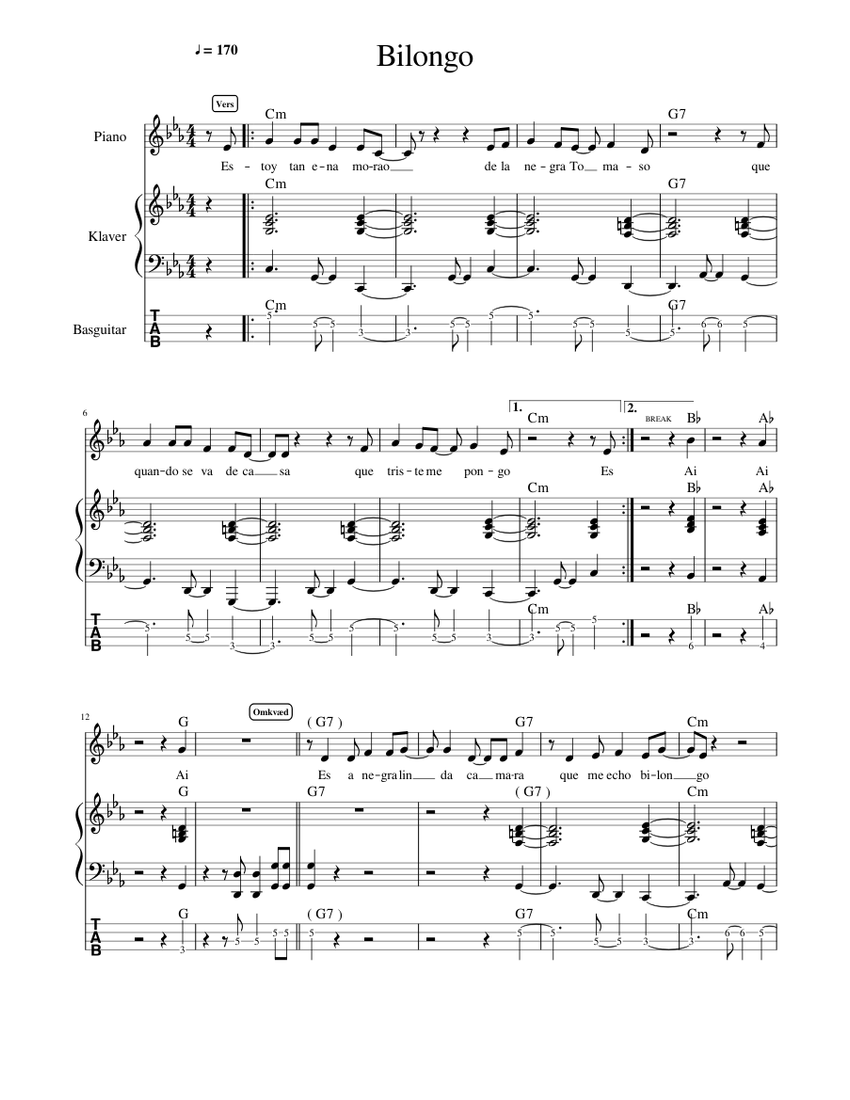 Bilongo Sheet music for Piano, Bass guitar (Mixed Trio) | Musescore.com