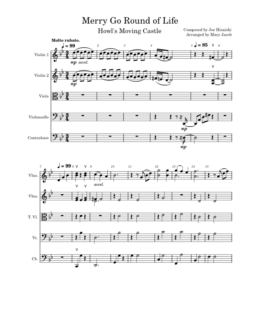 Merry-Go-Round of Life – Joe Hisaishi Sheet Music for Contrabass, Cello, Strings group, Viol ...
