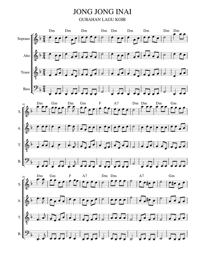 JONG JONG INAI Sheet Music with Chords for Soprano, Alto, Tenor, Bass ...