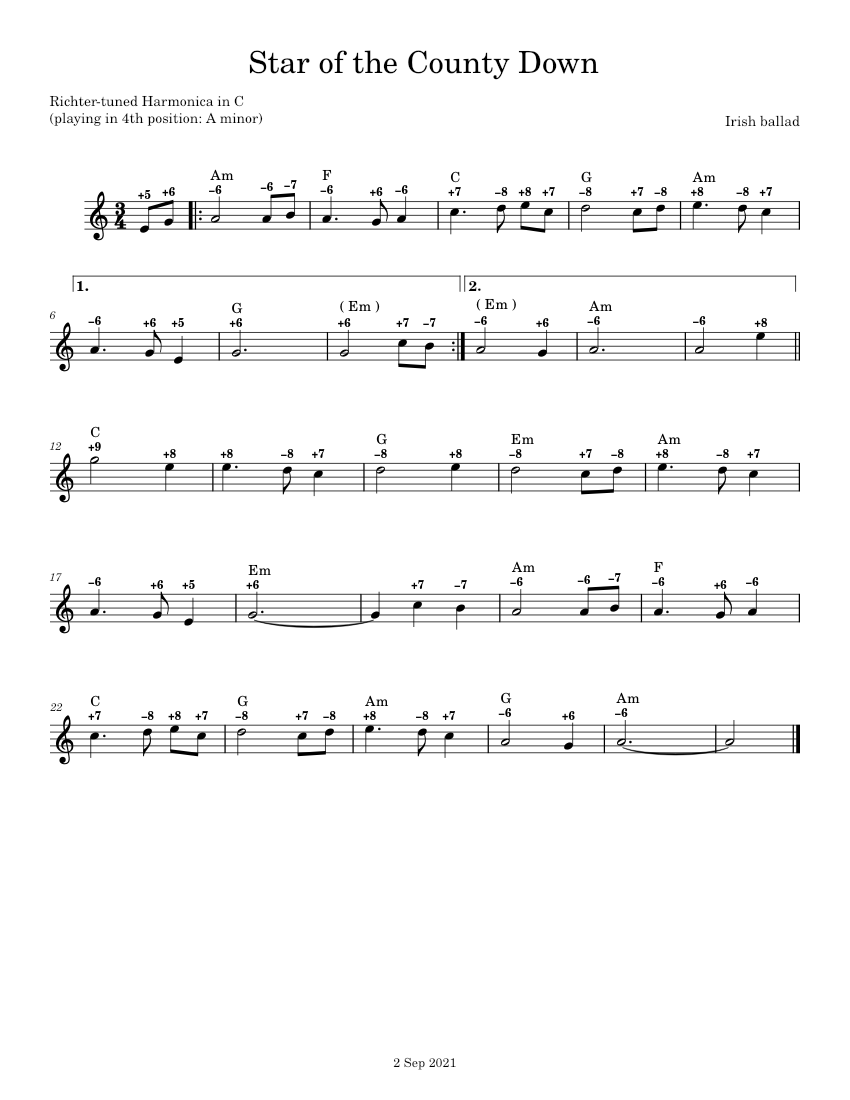Star of the County Down Sheet Music with Chords for Harmonica (Solo ...