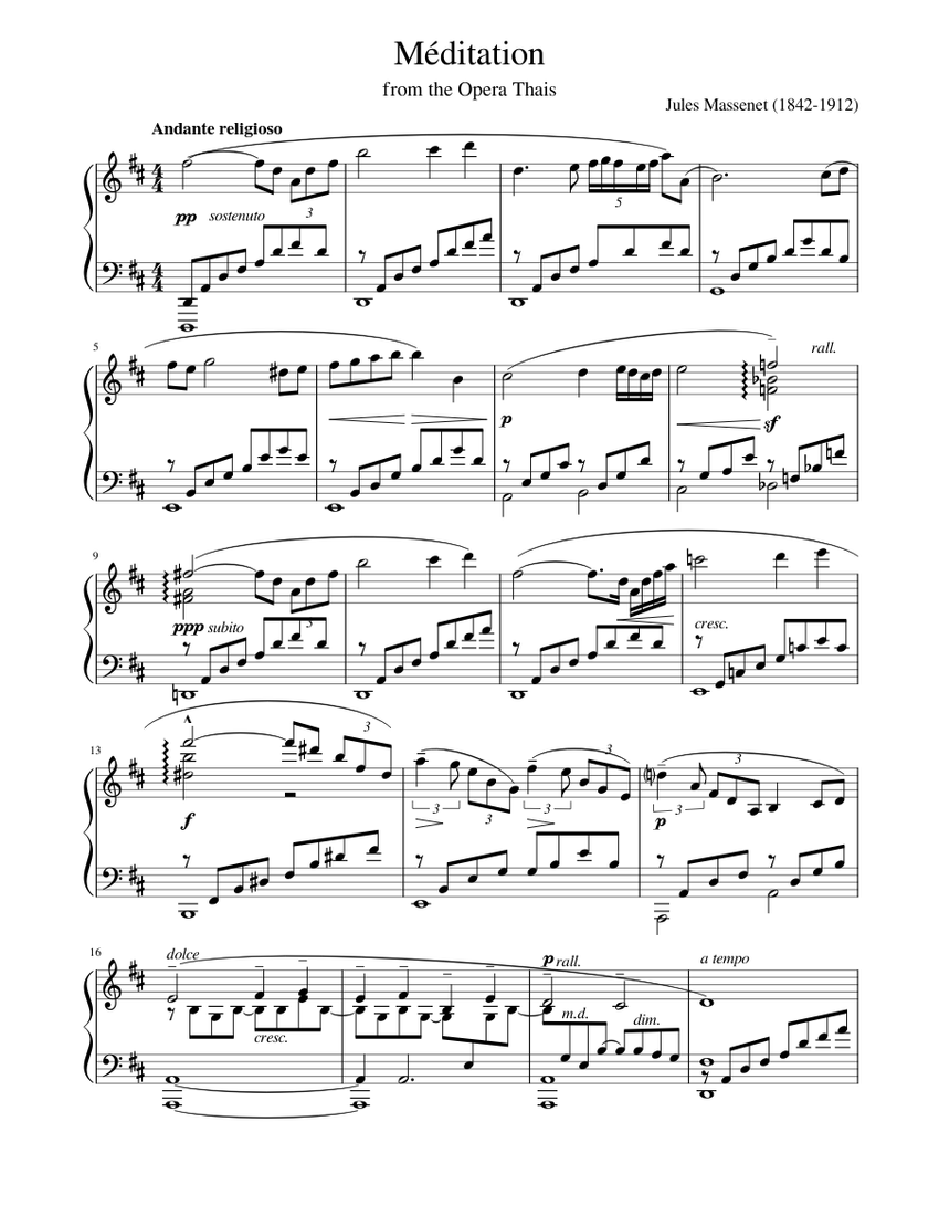 Méditation from the opera Thais Sheet music for Piano (Solo ...