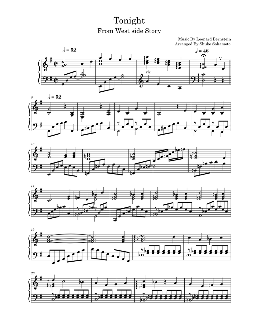 Tonight – Leonard Bernstein ( From the West side Story ) Sheet music for Piano (Solo ...