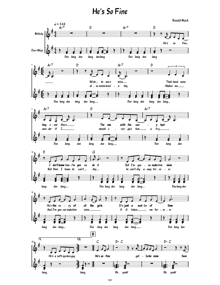 He's So Fine (Lead sheet with lyrics ) Sheet Music with Chords for ...