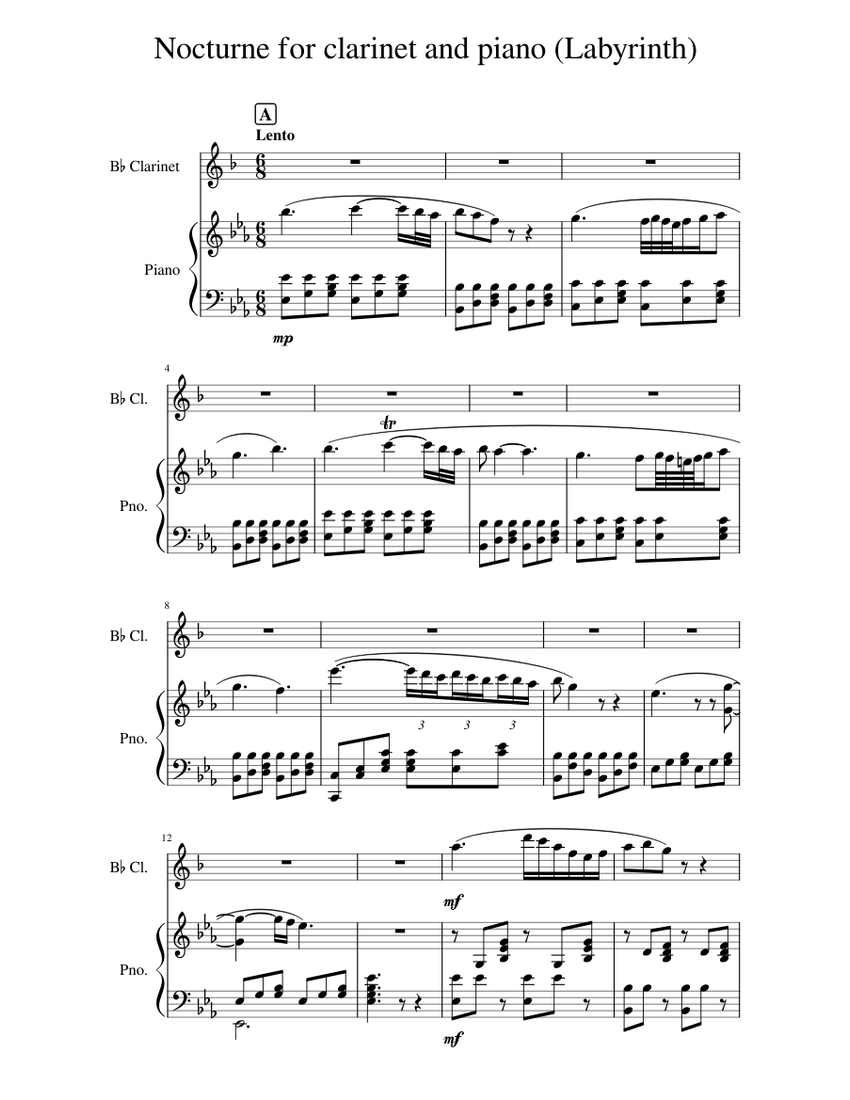 Nocturne for Clarinet and Piano (labyrinth) Sheet Music for Piano ...