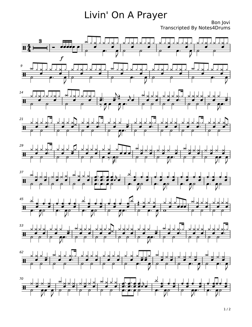 Livin' On A Prayer by Bon Jovi - Drums Sheet Music for Drum group (Solo ...