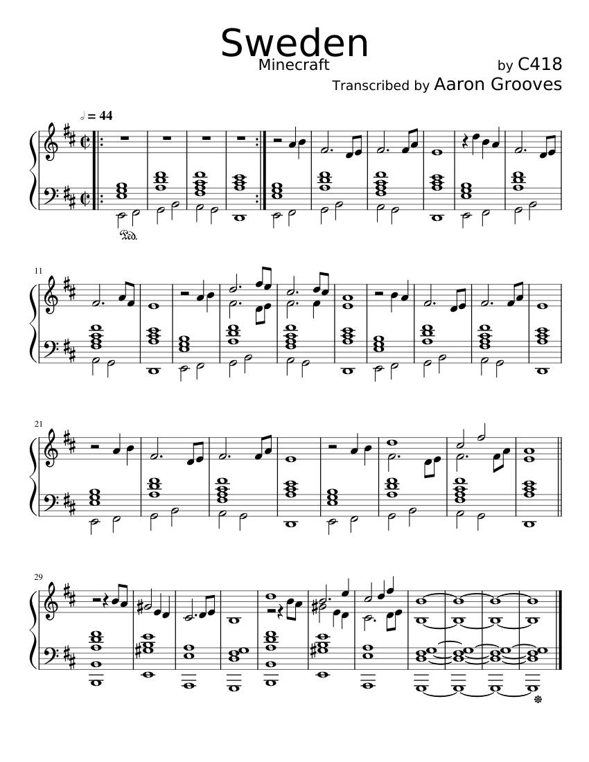 Minecraft Sweden (Transcription by Aaron Grooves) Sheet Music for Piano ...
