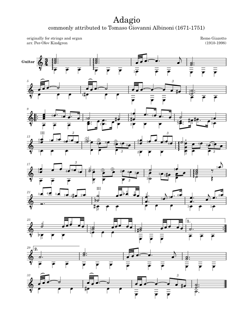 Adagio – Tomaso Albinoni (Adagio for strings and organ) Sheet music for ...