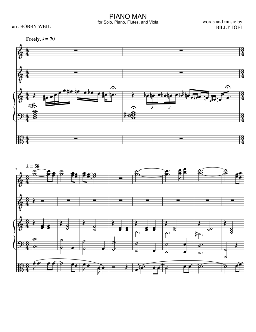 PIANO MAN Sheet music for Piano, Tenor, Flute, Viola (Mixed Quartet ...