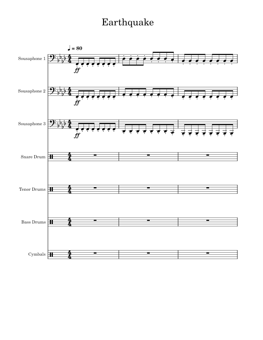 Earthquake Tuba Fanfare Sheet Music for Snare drum, Crash, Tenor drum ...